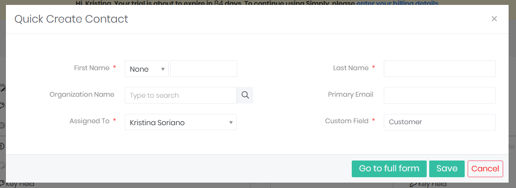 How to use the Quick Create option in Simply CRM – Support Simply